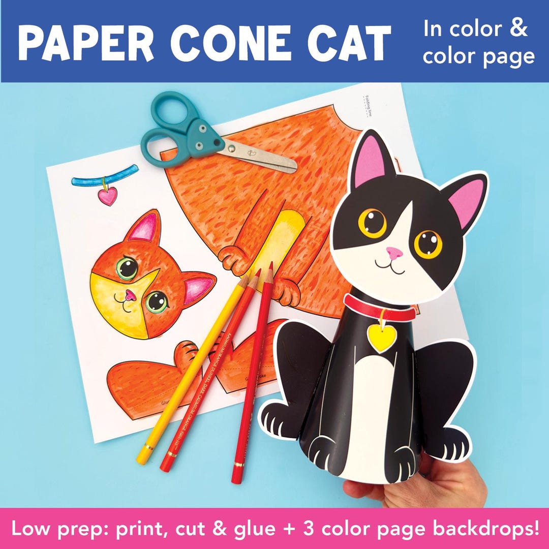 Paper Cone Cat | Printable 3D Cat Craft for Kids | Cut and Glue Animal ...