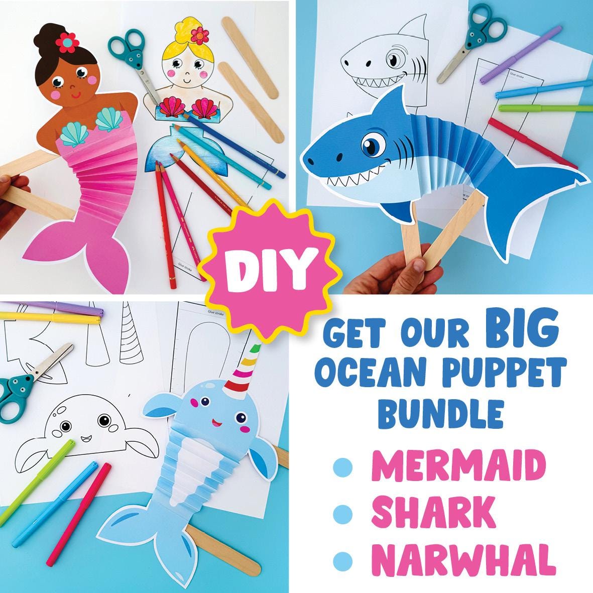 Mermaid Puppet Craft Printable – Ocean Theme Summer Activity for Kids ...
