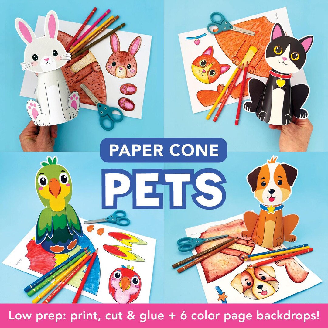 Paper Cone Pets Craft Bundle | Dog, Cat, Bunny & Parrot Printable | Low ...