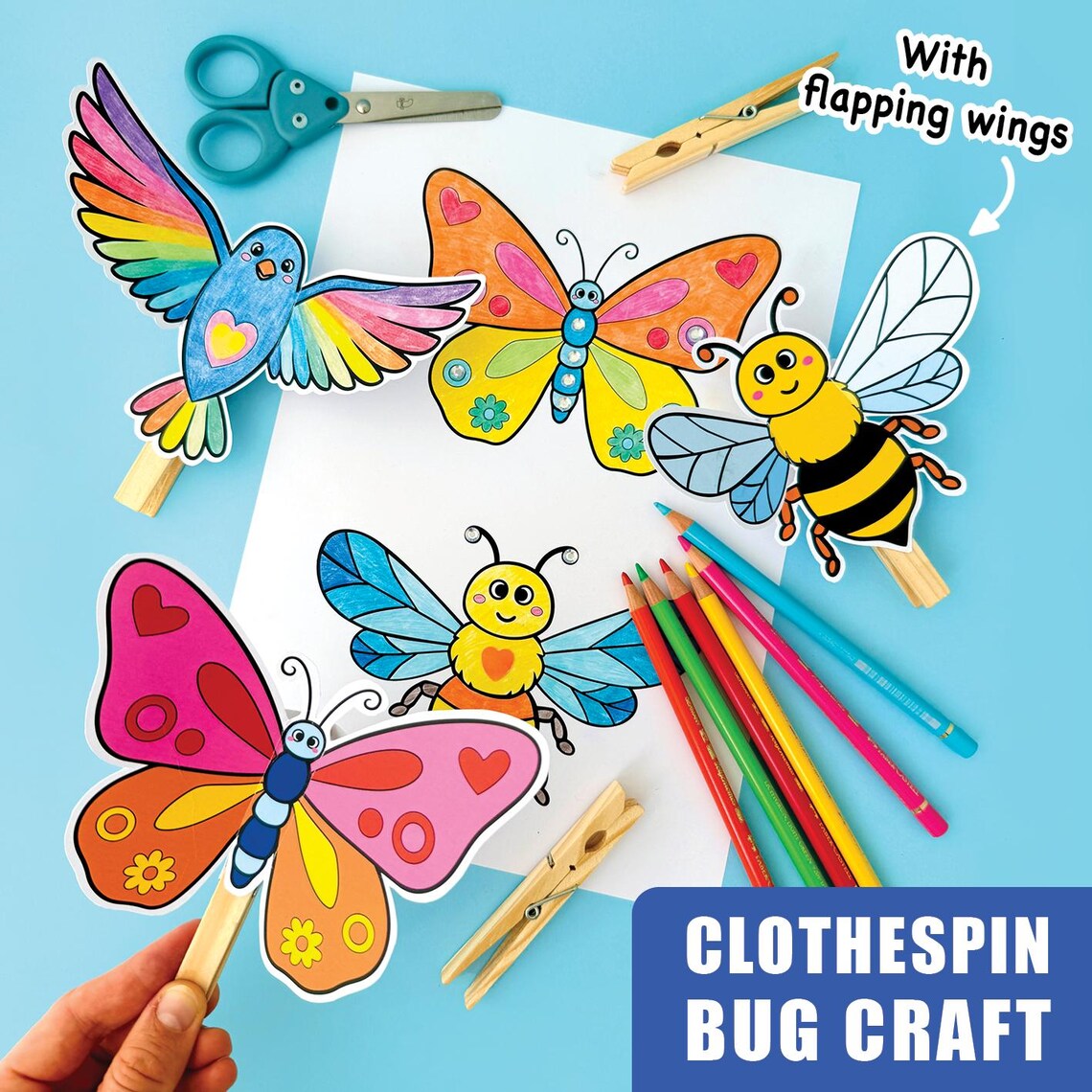 Bug Clothespin Puppet Craft Printable for Kids | Butterfly Bee Bird ...