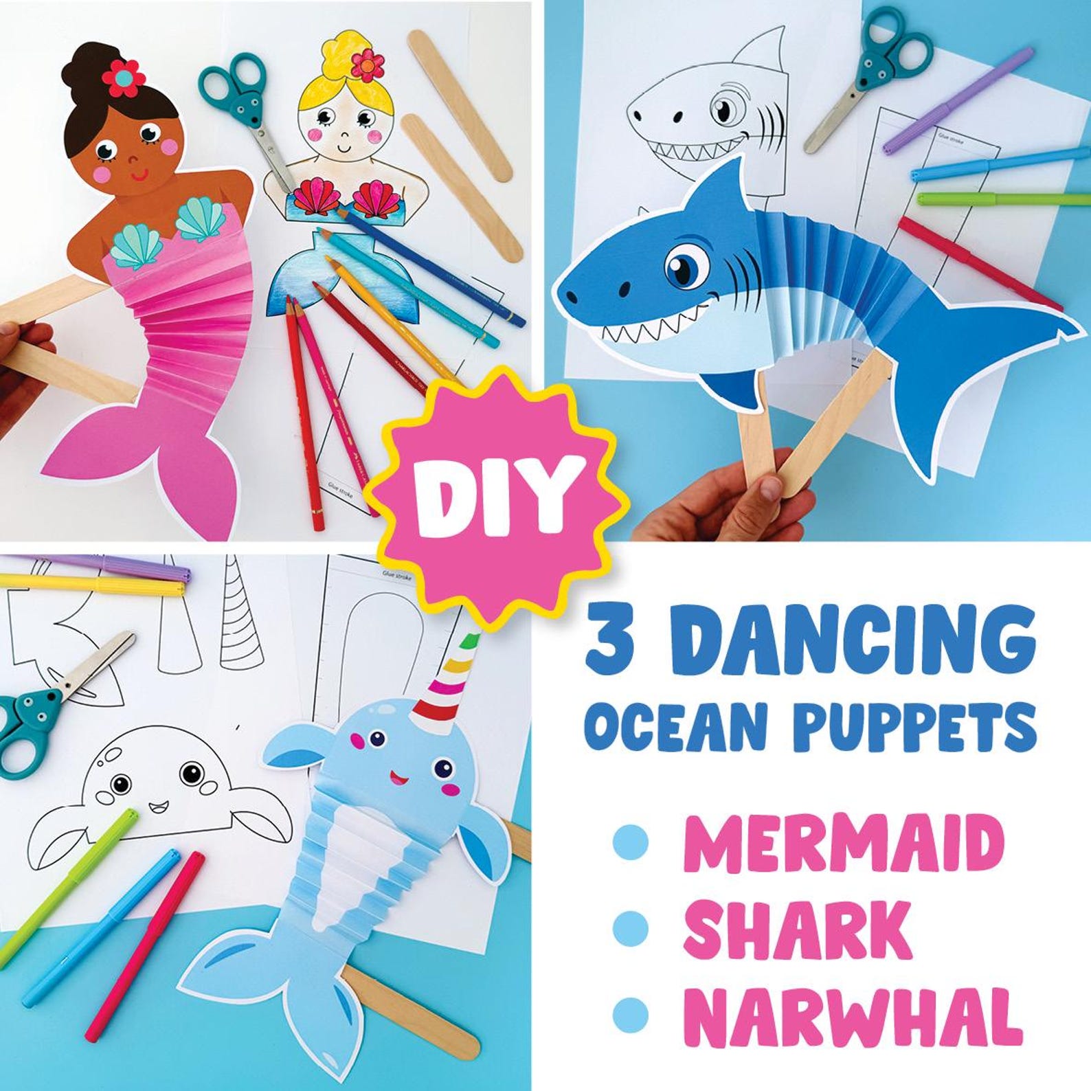 Moving Ocean Animal Puppets From a Shark, Narwhal and Mermaid Fun Craft ...