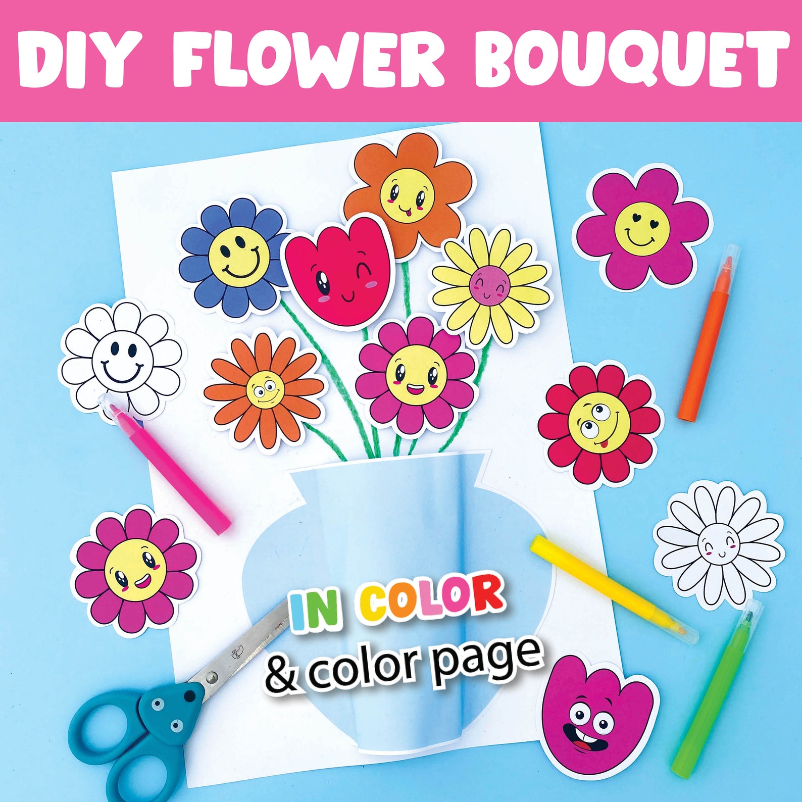 DIY Flower Craft Printable Mothers Day Floral Bouquet Mom Birthday ...