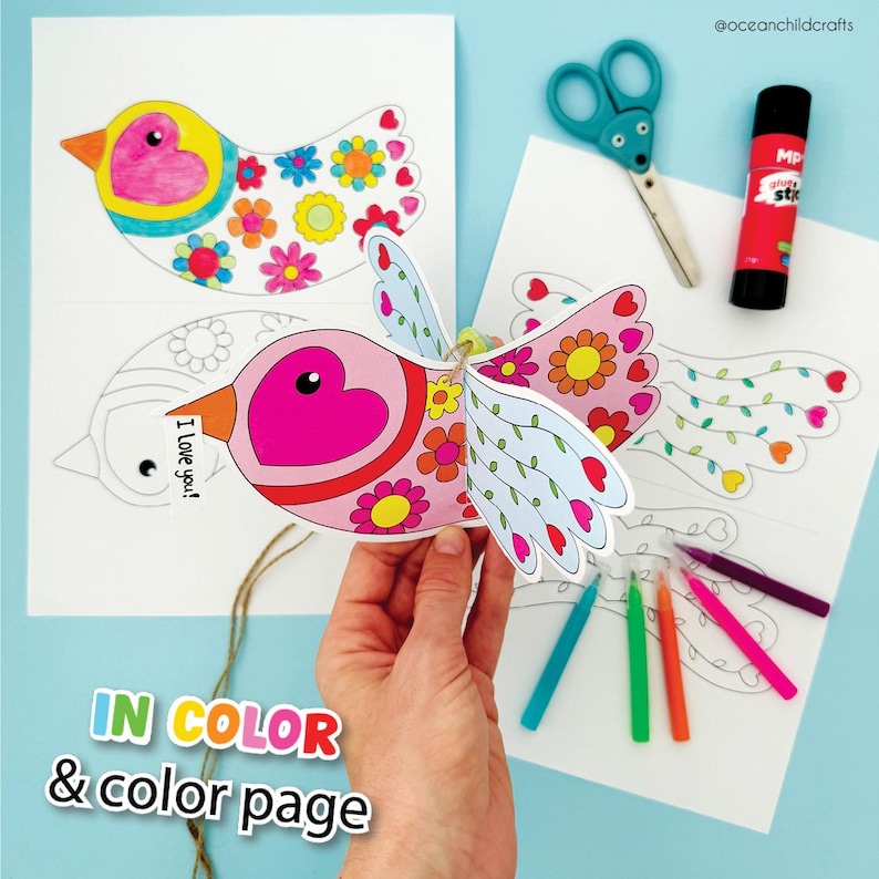 DIY Mobile Spring Bird Craft Valentine's Day Coloring Activity ...