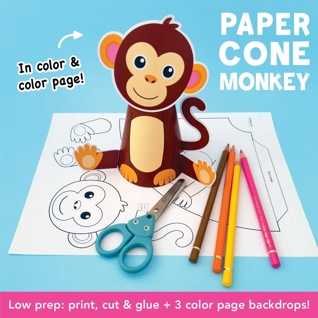 DIY Monkey Craft Printable | Paper Cone Monkey Puppet | Jungle Animal ...