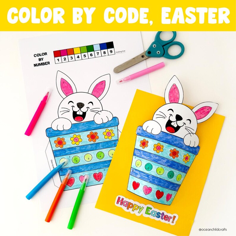 Printable Color by Code Easter Bunny Craft Pop up Card Spring Activity ...