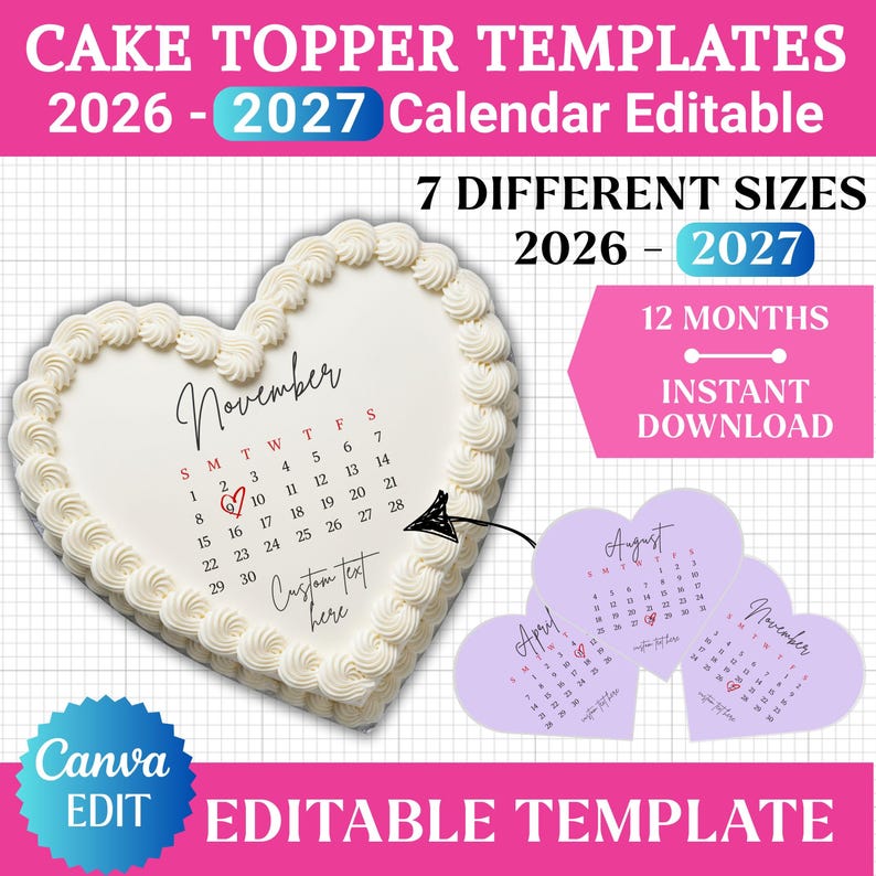 Burn Away Cake Topper Bundle, Calendar Digital, Editable Calendar 2026 ...