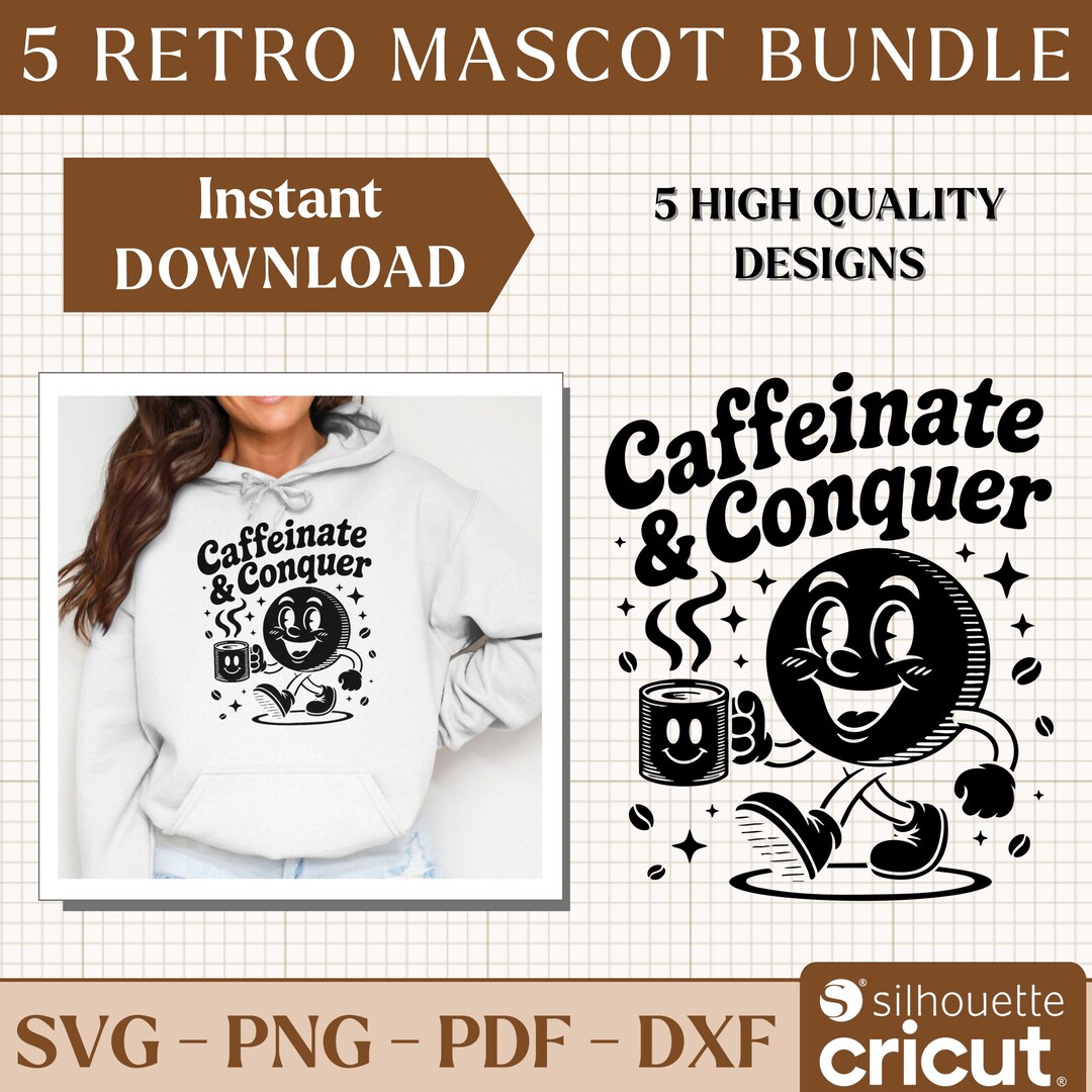5 Retro Mascot Bundle Svg, Caffeinate Conquer Png, Retro Mascot Clipart ...