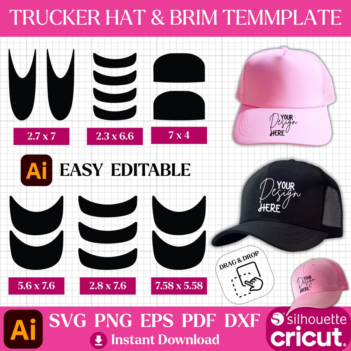 Trucker Hat Brim Template Bundle - Baseball Cap Brim Mockup - Custom ...