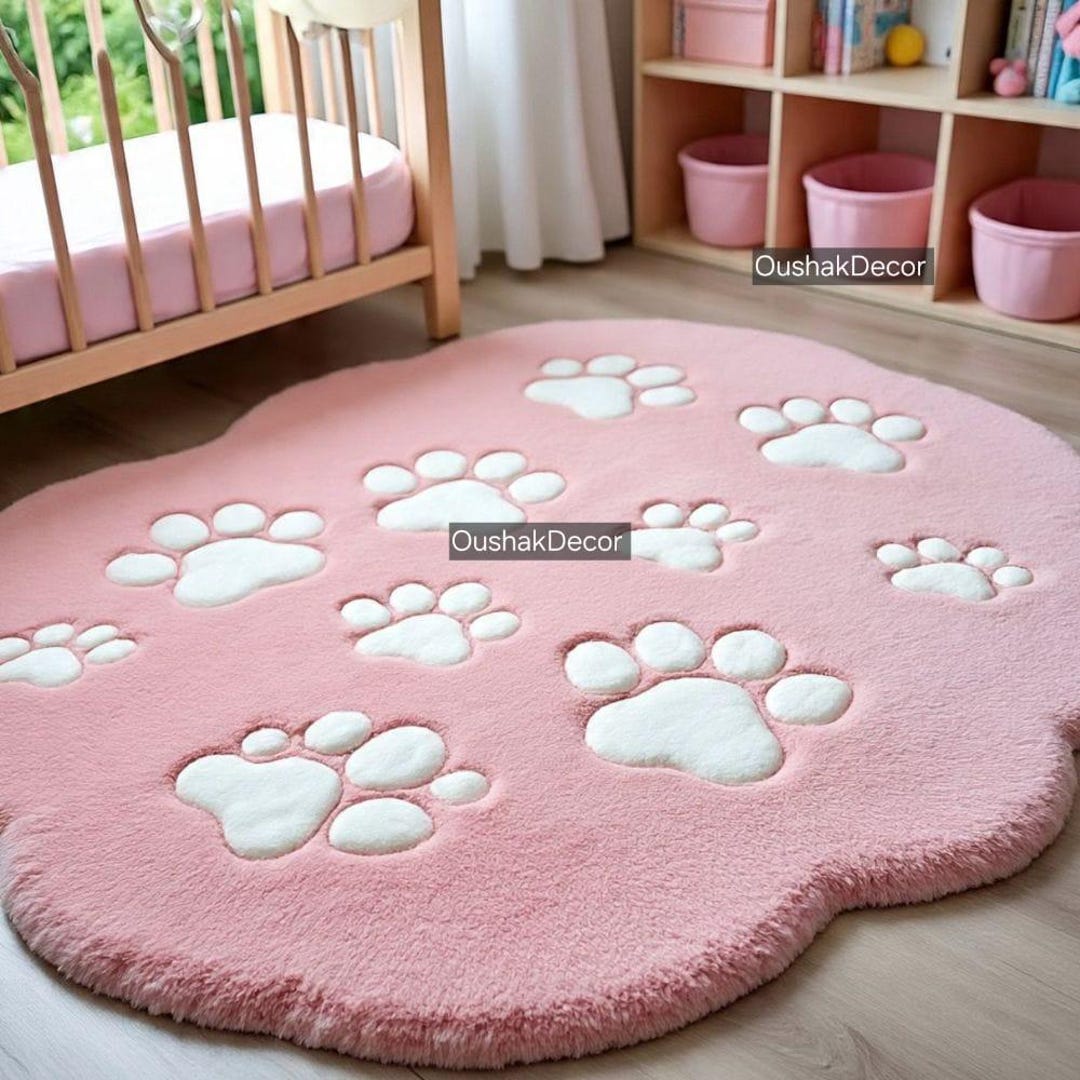 Pink Paw Print Wool Rug, Kawaii Nursery Decor, Custom Size - Etsy