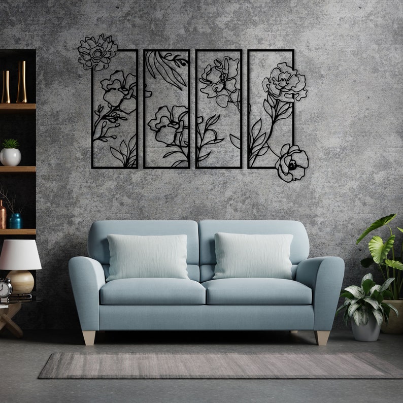 Flowers Metal Line Wall Art: 4-piece Headboard Decor - Etsy
