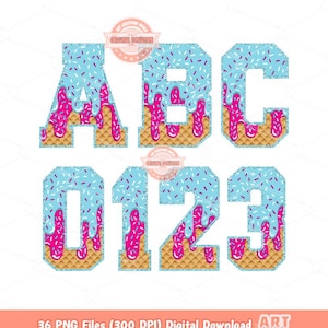 Drippy Ice Cream Alphabet PNG, Pink Blue Varsity Letters and Numbers ...