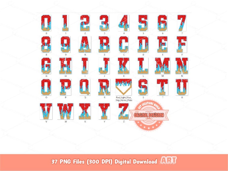 Red Bright Light Blue Drip Alphabet PNG Bundle, Drippy Baseball Sports ...