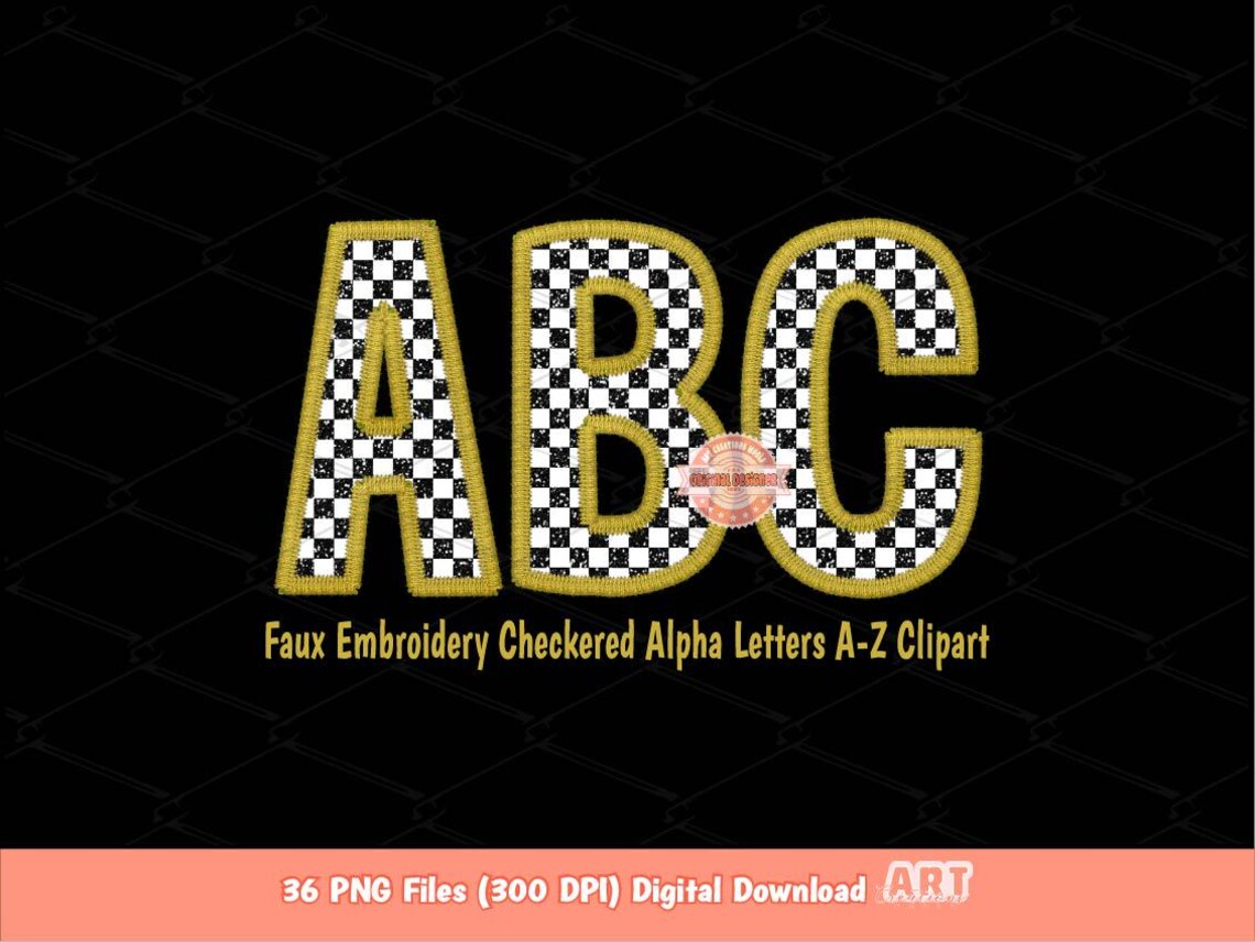 Checkered Alphabet PNG, Faux Embroidery Gold Racing Letters (digital ...