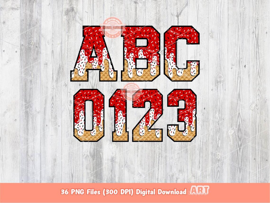 Drippy Red and White Alphabet PNG: Ice Cream Varsity Letters & Numbers ...