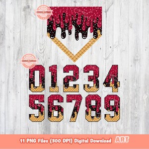 Red Black Drip Numbers & Home Plate PNG Bundle, Baseball Ice Cream ...