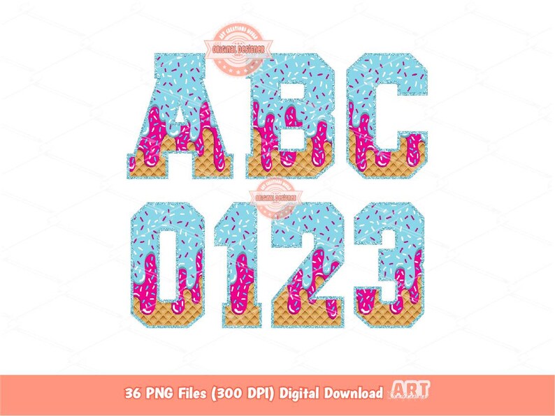 Drippy Ice Cream Alphabet PNG: Pink Blue Varsity Letters and Numbers ...