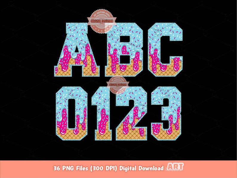 Drippy Ice Cream Alphabet PNG: Pink Blue Varsity Letters and Numbers ...