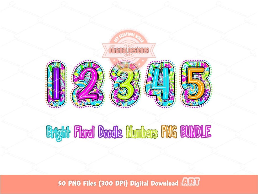 Floral Doodle Numbers PNG Bundle: Colorful Bright Paisley Clipart ...