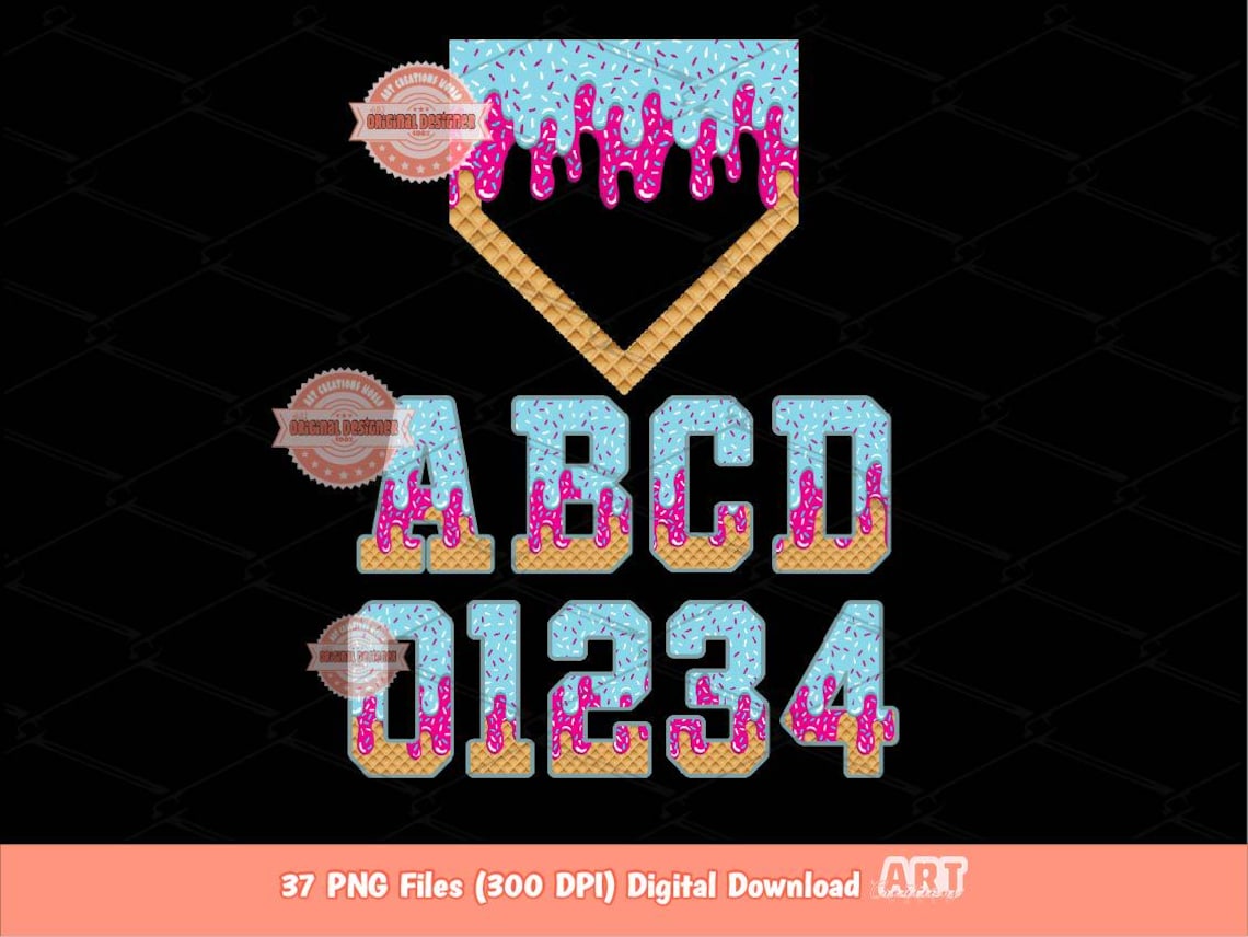 Drippy Ice Cream Alphabet Home Plate PNG Bundle, Drip Baseball Letters ...