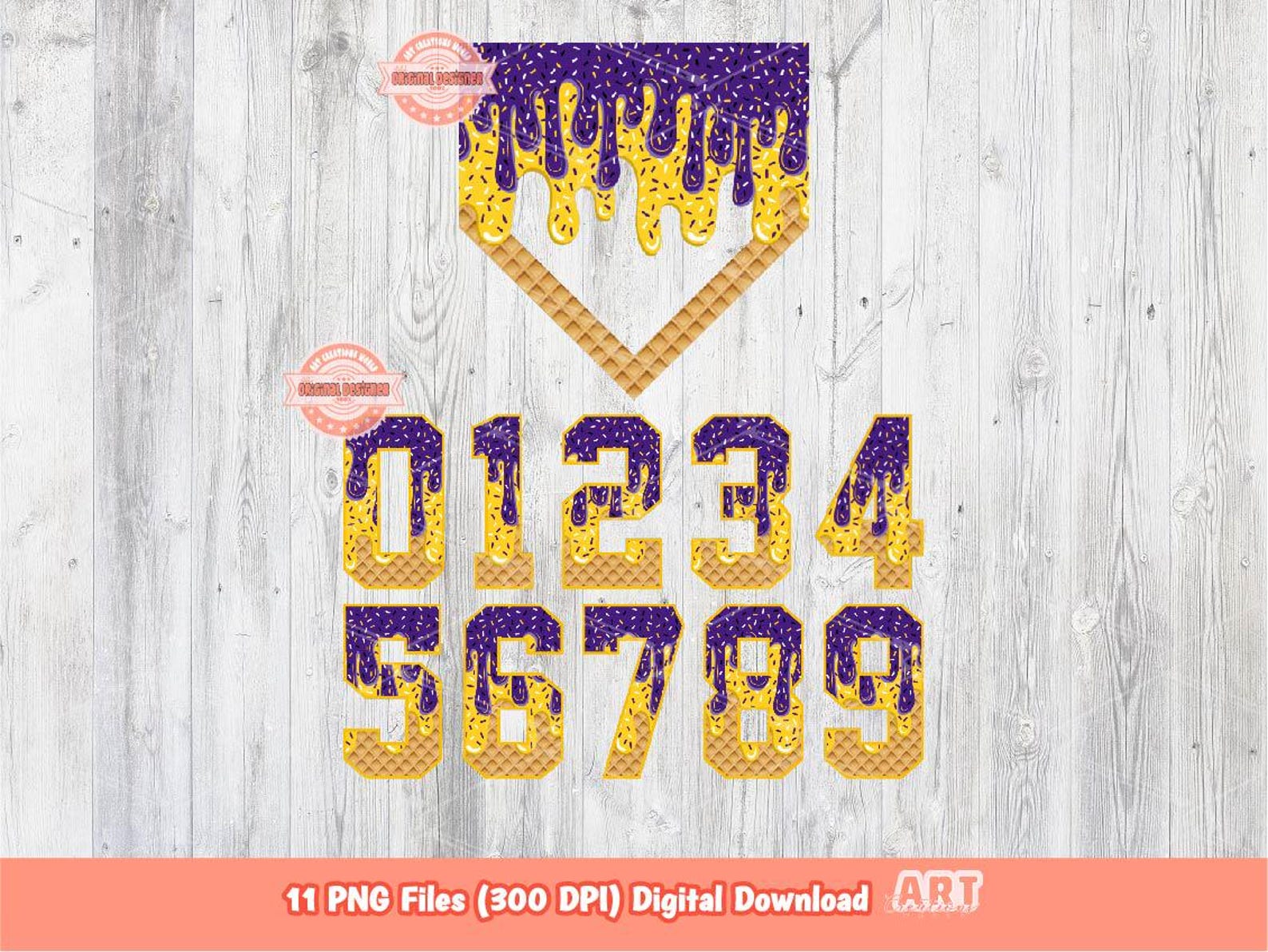 Purple Gold Drip Numbers & Home Plate PNG Bundle, Drippy Baseball ...