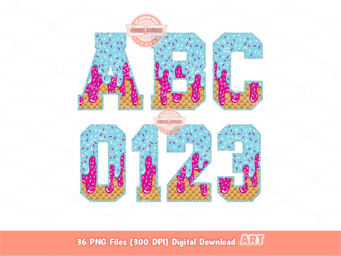 Drippy Ice Cream Alphabet PNG, Pink Blue Varsity Letters and Numbers ...