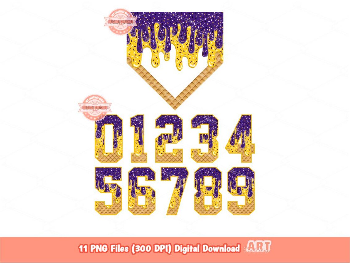 Purple Gold Drip Numbers & Home Plate PNG Bundle, Drippy Baseball ...