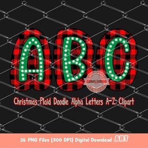 Christmas Doodle Letters PNG, Hand Drawn Green Red Buffalo Plaid Bright ...