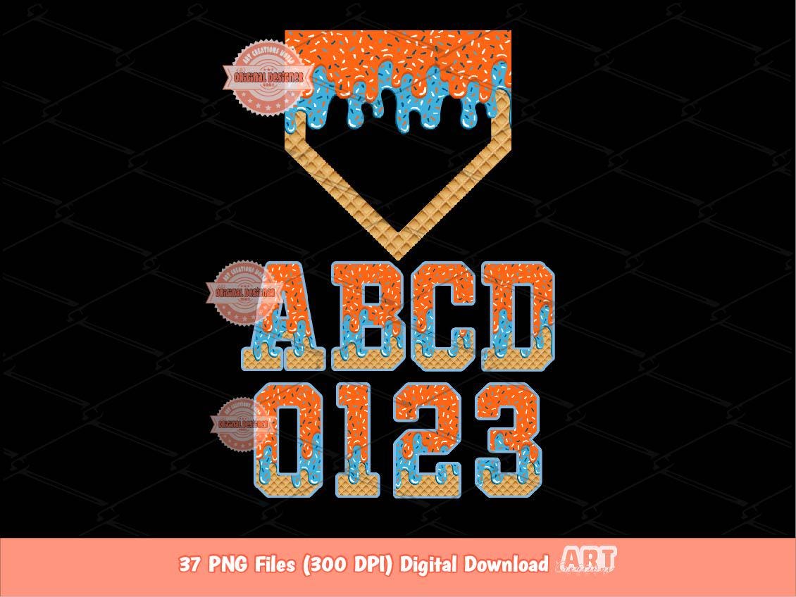 Drippy Alphabet PNG Bundle, Orange & Light Blue Sports Letters Numbers ...