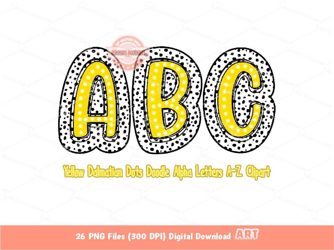 Yellow Dalmatian Letters PNG, Hand Drawn Bright Doodle Alpha A-Z Set ...