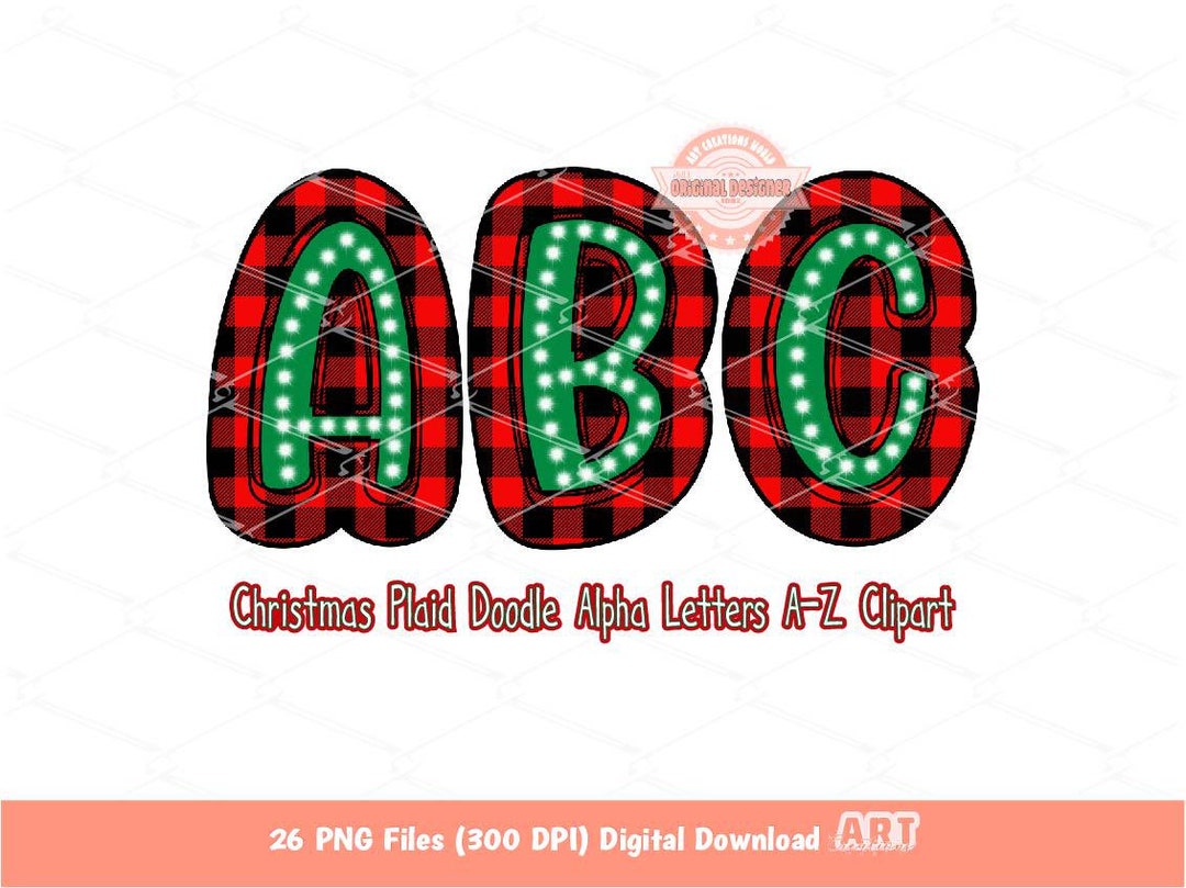 Christmas Doodle Letters PNG, Hand Drawn Green Red Buffalo Plaid Bright ...