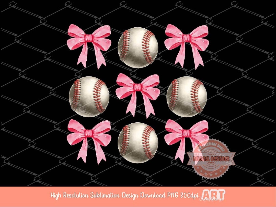 Coquette Baseball PNG, Watercolor Pink Ribbon Bows and Baseball Balls ...