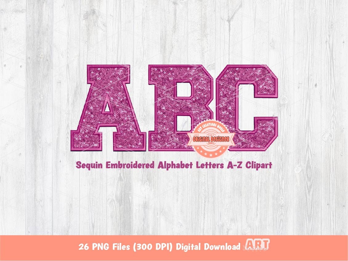 Pink Magenta Sequin Varsity Alphabet Clipart: Faux Embroidery Letters ...