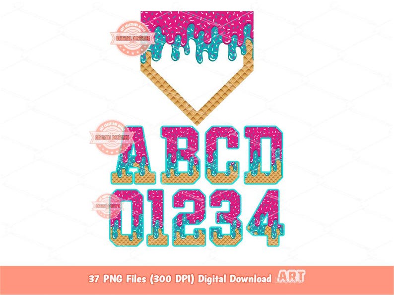 Pink Teal Drip Alphabet PNG Bundle: Ice Cream Sports Letters & Numbers ...