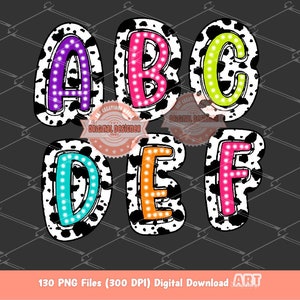 Colorful Cow Print Letters PNG Bundle, Hand Drawn Bright Doodle Alpha A ...
