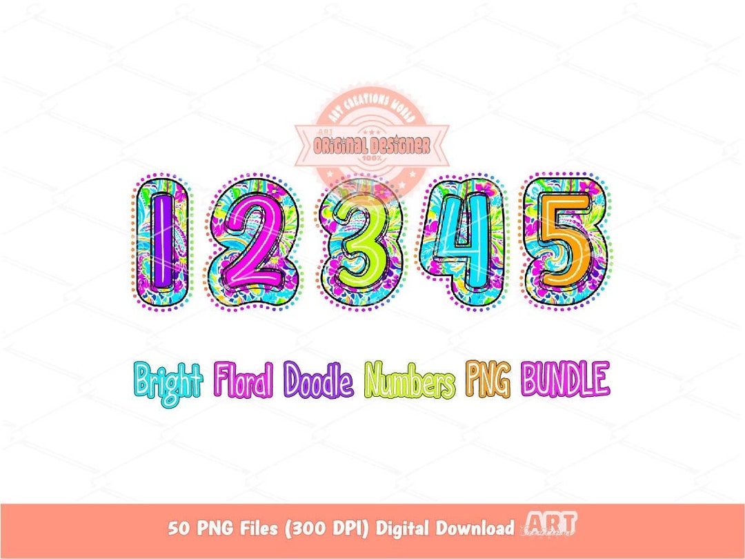Bright Doodle Numbers PNG Bundle, Hand Drawn Colorful Paisley Floral ...