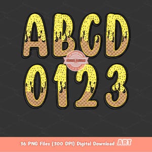 Drippy Doodle Alphabet PNG: Yellow Black Ice Cream Letters and Numbers ...