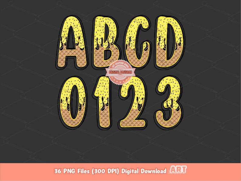 Drippy Doodle Alphabet PNG: Yellow Black Ice Cream Letters and Numbers ...