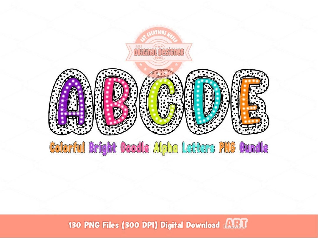 Colorful Dalmatian Letters PNG Bundle, Hand Drawn Bright Doodle Alpha A ...