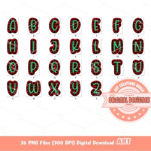 Christmas Doodle Letters PNG, Hand Drawn Green Red Buffalo Plaid Bright ...