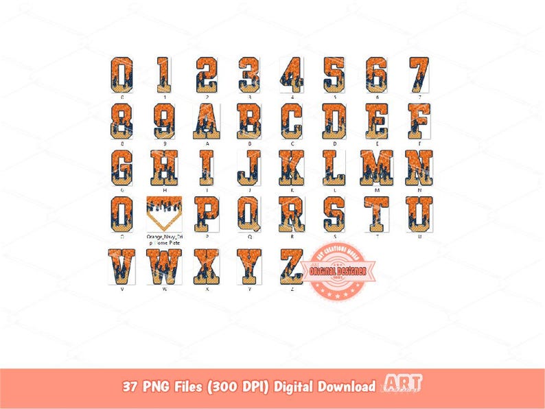 Orange Navy Drip Alphabet PNG Bundle, Baseball Letters & Numbers Hpome ...