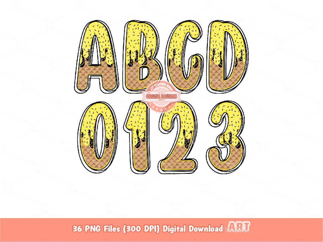 Drippy Doodle Alphabet PNG: Yellow Black Ice Cream Letters and Numbers ...
