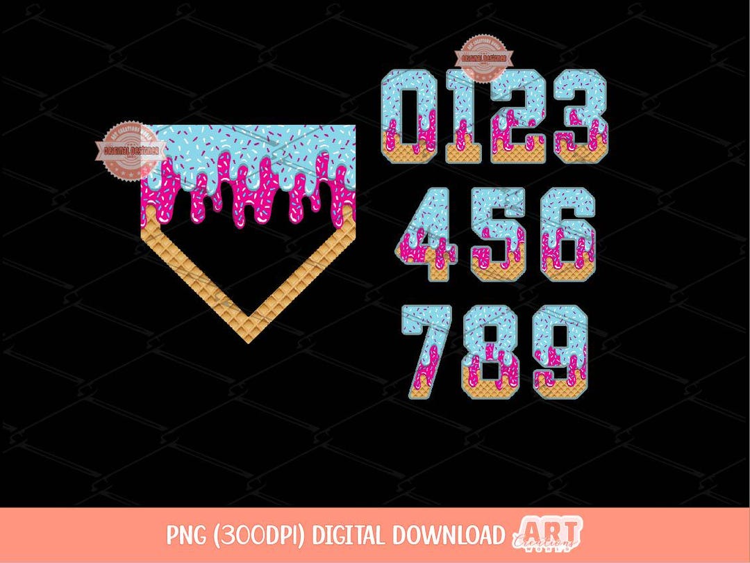 Drip Numbers & Home Plate PNG Bundle, Pink Blue Ice Cream Baseball Game ...