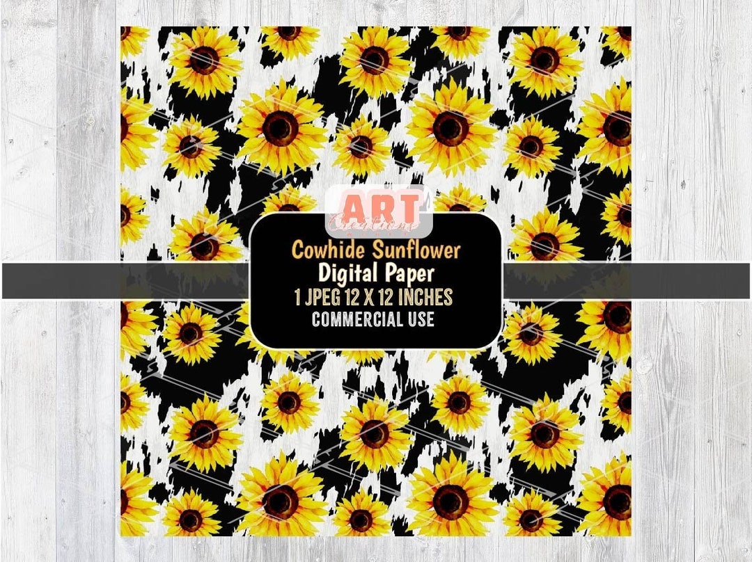 Cowhide Sunflower Digital Paper: Western Print Background (12x12in JPEG ...