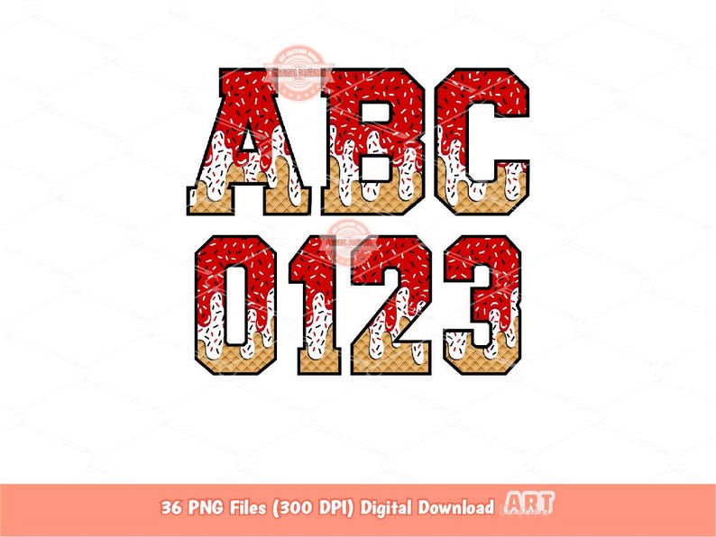 Drippy Red and White Alphabet PNG: Ice Cream Varsity Letters & Numbers ...
