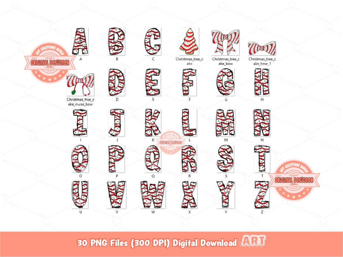 Christmas Tree Cake Alphabet PNG Bundle, Coquette Doodle Letters ...