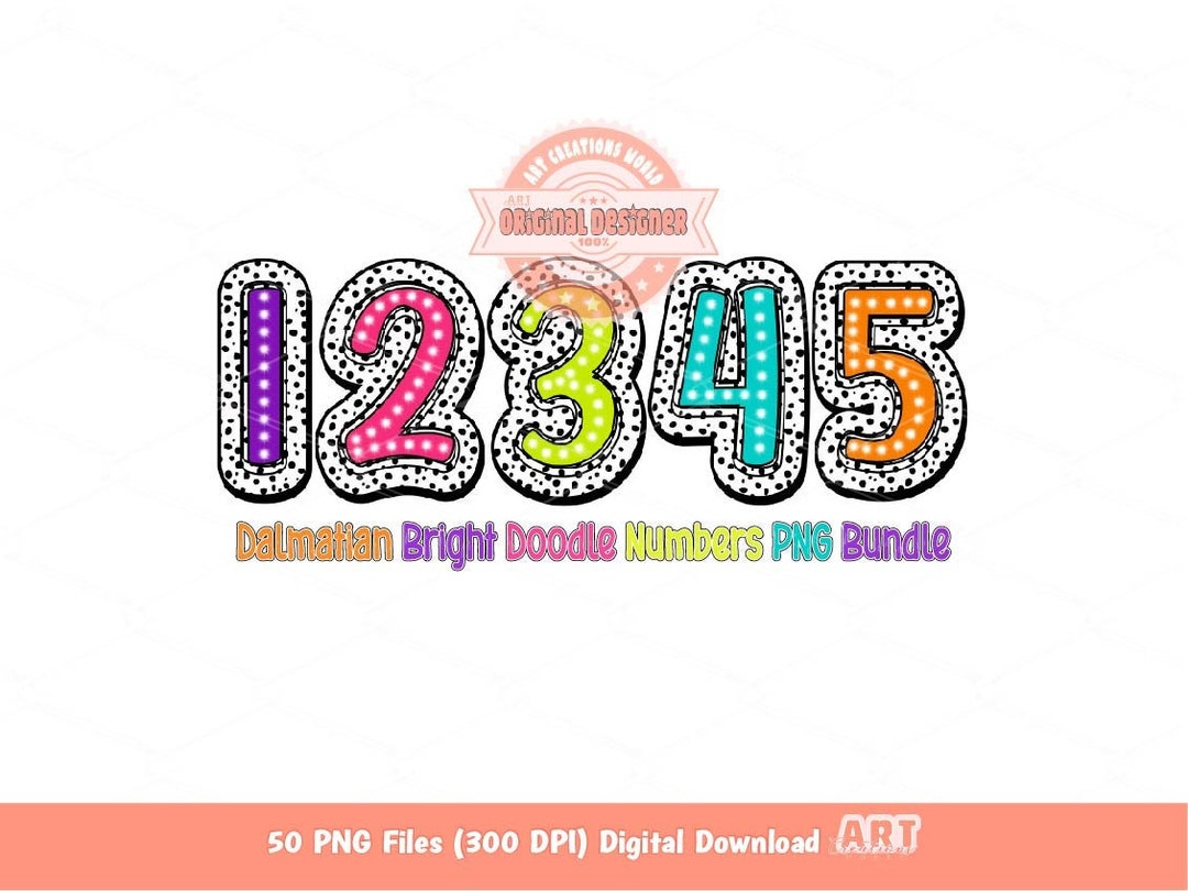 Colorful Dalmatian Numbers PNG Bundle, Bright Doodle Marquee Dalmation ...