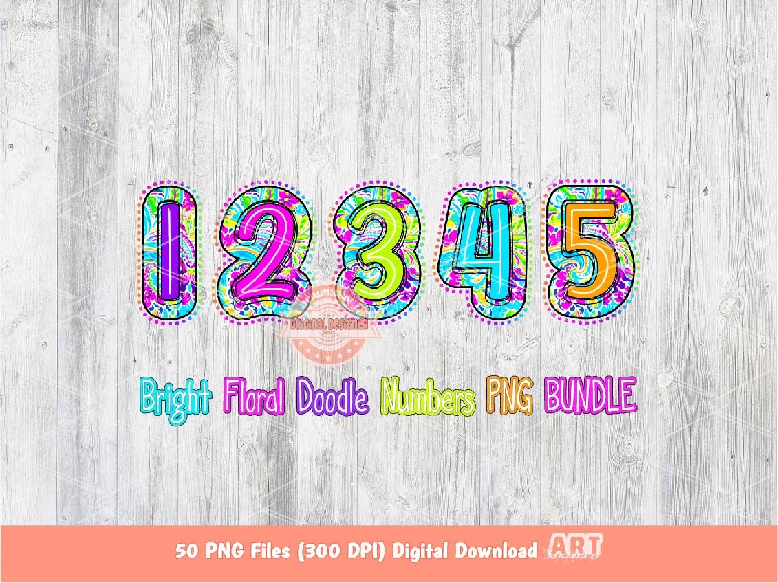 Floral Doodle Numbers PNG Bundle, Colorful Bright Paisley 0-9 Numbers ...