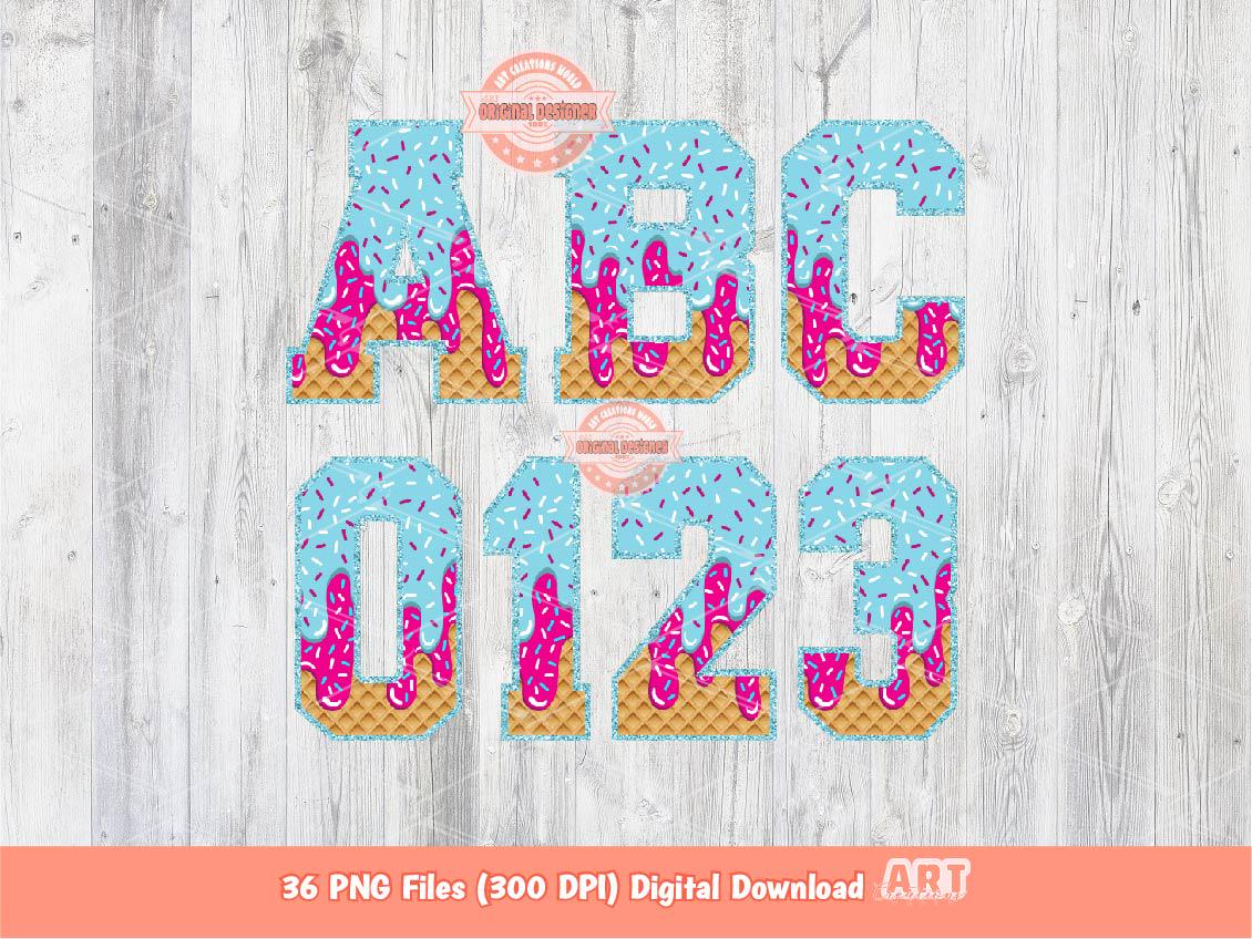 Drippy Ice Cream Alphabet PNG, Pink Blue Varsity Letters and Numbers ...