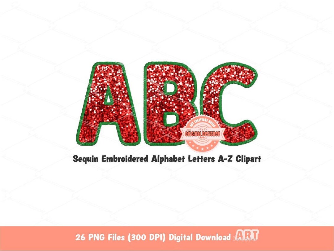 Christmas Sequin Letters PNG, Original Designer Green Faux Embroidered ...