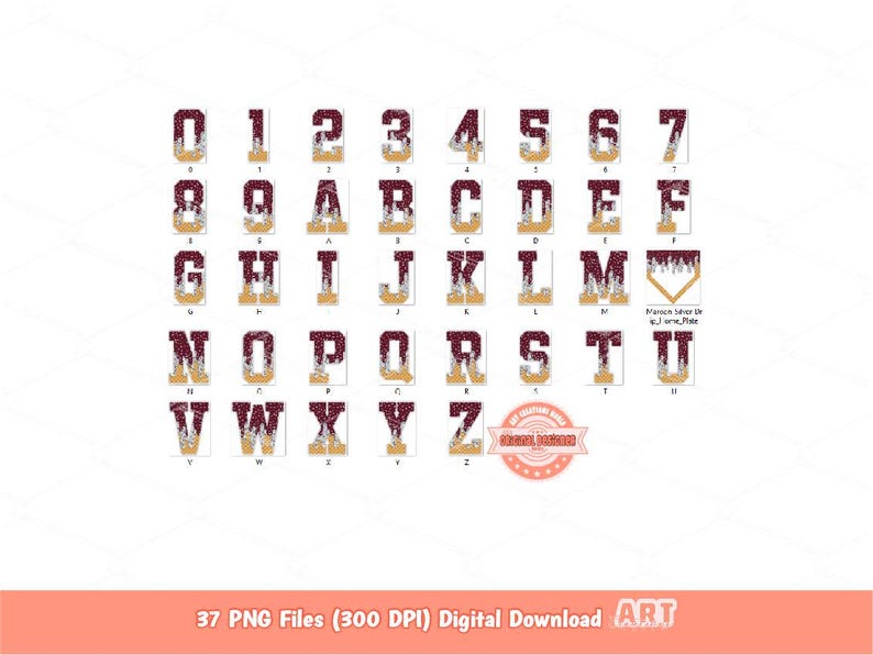 Drippy Sports Alphabet PNG Bundle: Maroon and Silver Grey Letters ...